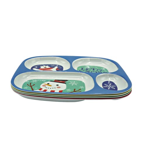 4E's Novelty Christmas Dinnerware Divided Plates For Kids (Set of 4) Melamine Plastic BPA Free Sectional Holiday Dinner Plates, Christmas Dishes for Toddlers