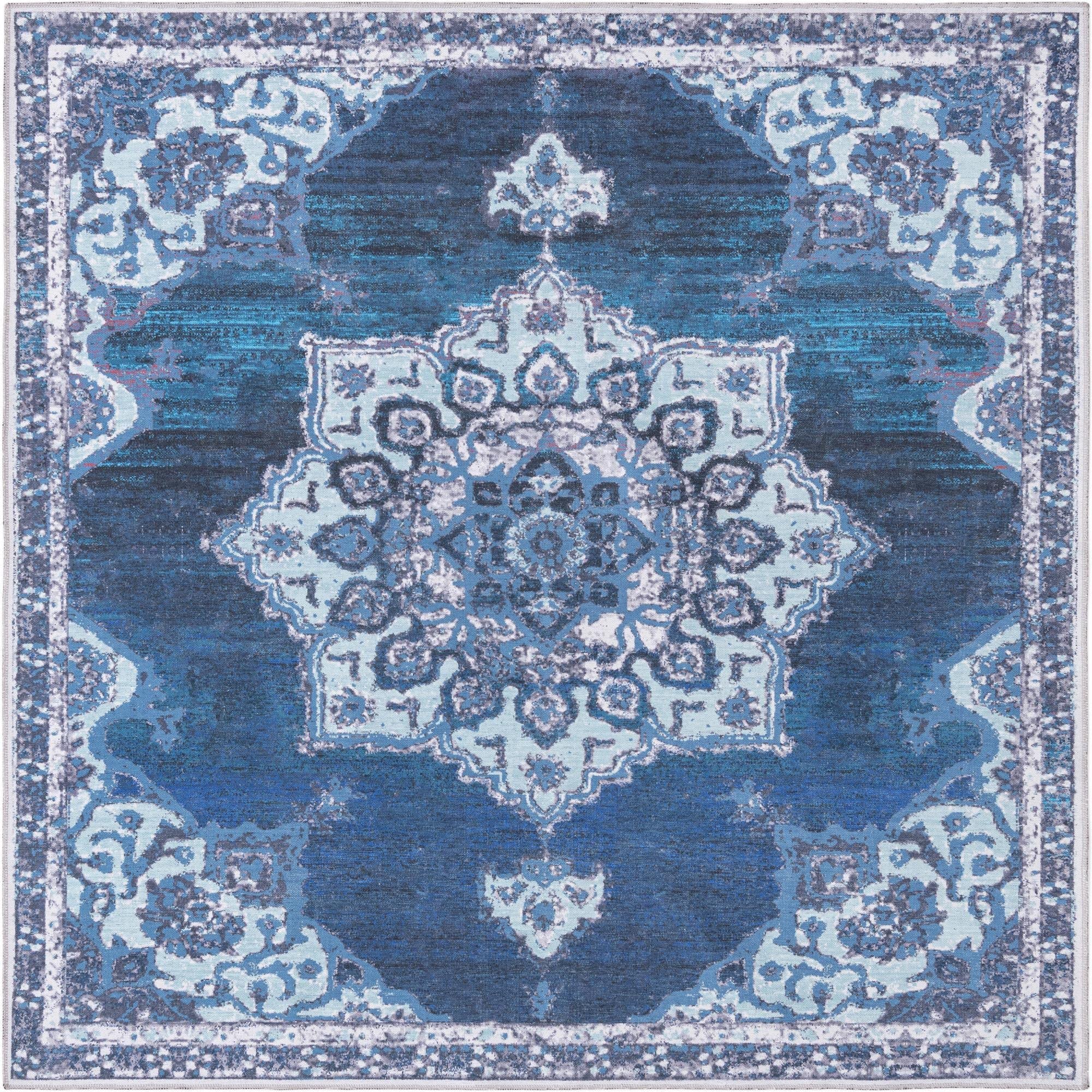Rugs.com Francesca Collection Washable Rug – 7 Ft Square Navy Blue Flatweave Rug Perfect for Living Rooms, Kitchens, Entryways