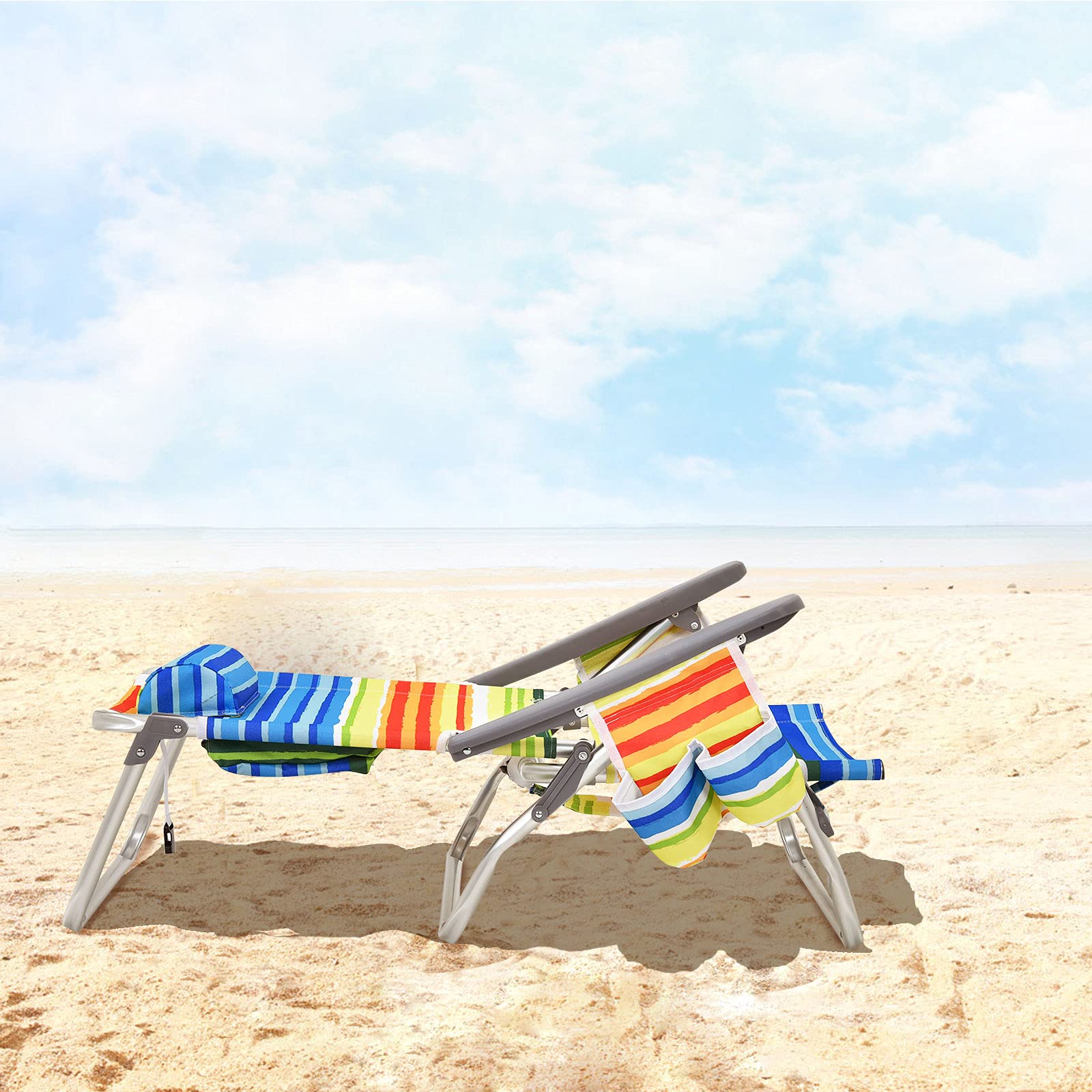 Giantex Beach Chair 2-Pack Sling Camping Chair, Sunbathing Chairs with 5 Adjustable Position, Head Pillow, Storage Bag, Towel Bar, Cup Holders, Folding Fishing Backpack Lawn Chairs