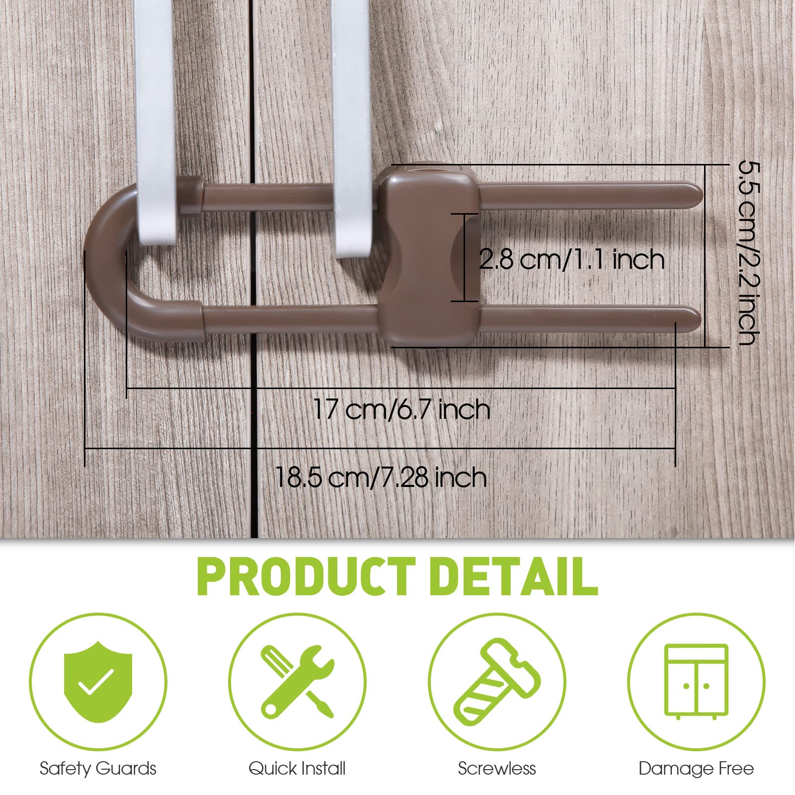 Jetec 10 Pieces Cabinet Locks for Babies, U-Shaped Proofing Drawers Safety Child Locks Adjustable, Easy to Use Childproof Latch for Knob Handle on Kitchen Door Storage Cupboard Closet (Brown)