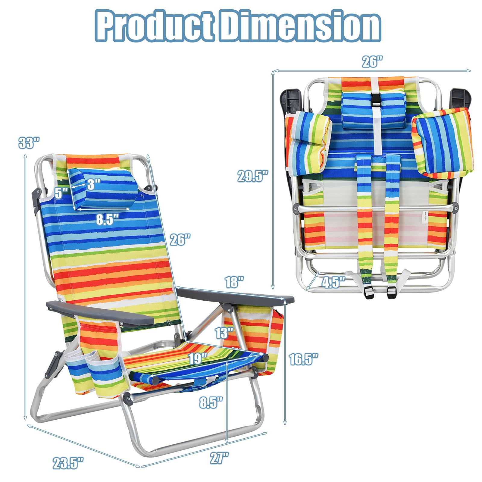 Giantex Beach Chair 2-Pack Sling Camping Chair, Sunbathing Chairs with 5 Adjustable Position, Head Pillow, Storage Bag, Towel Bar, Cup Holders, Folding Fishing Backpack Lawn Chairs