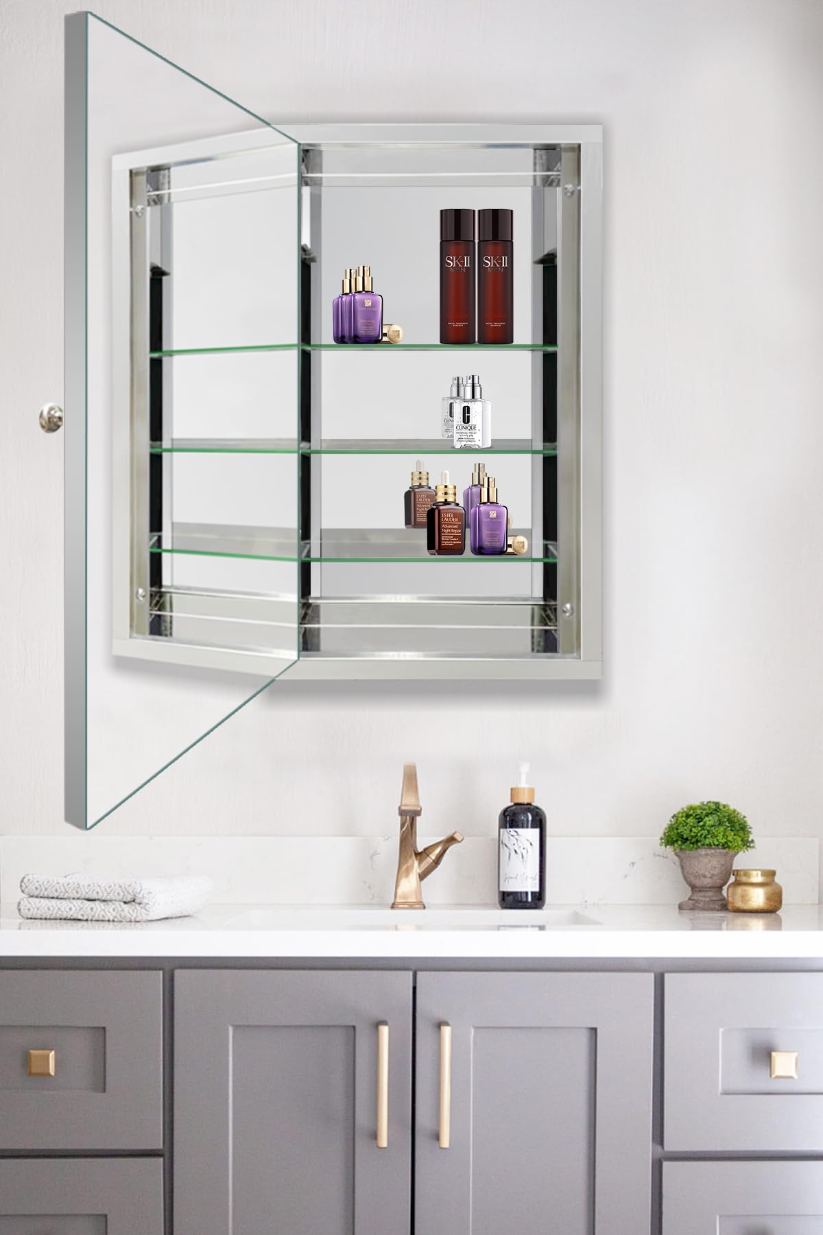 FOMAYKO Stainless Steel Medicine Cabinet with Mirror - Wall Mounted Bathroom Storage Organizer, Rust-Resistant Metal Mirror Cabinet for Vanity, Adjustable Shelves, 15x25 Inch