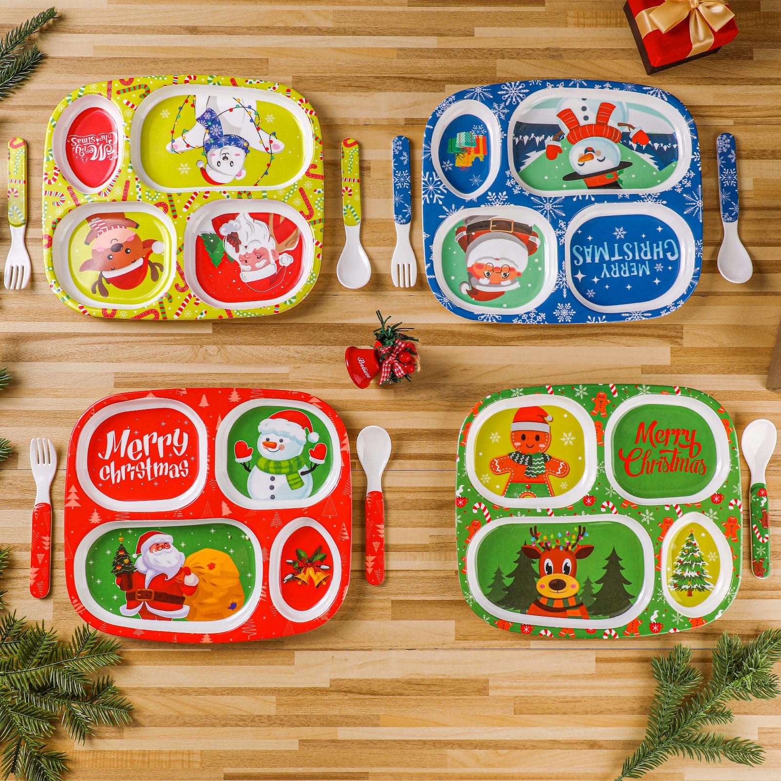 Hoolerry 4 Set Dinner Plate for Kids Boys Girls Dinnerware Divided Plates with Fork and Spoon Elk Shark Dinosaur Vehicle Excavator Unicorn Kids Dishes for Top Rack Dishwasher Safe(Cute)