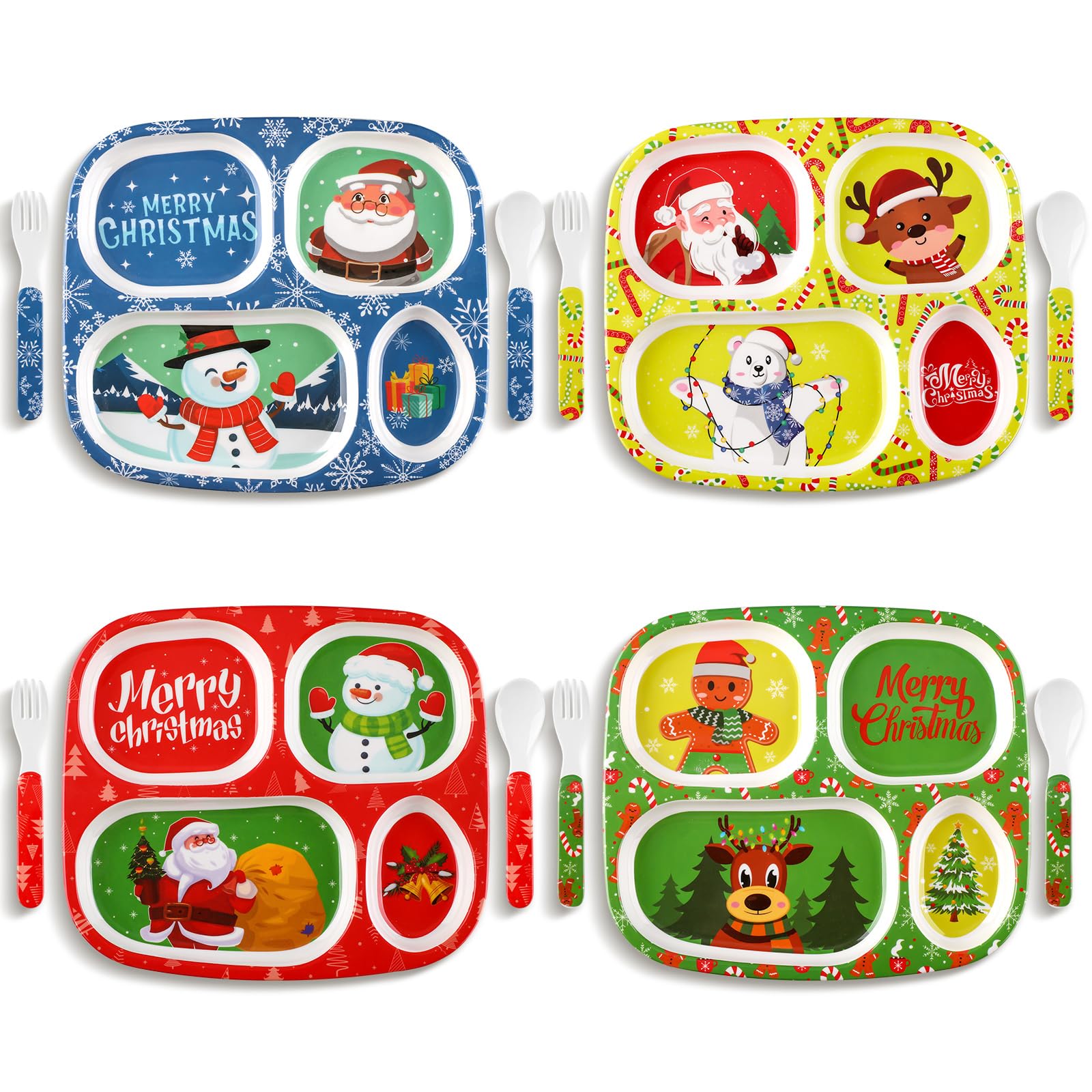 Hoolerry 4 Set Dinner Plate for Kids Boys Girls Dinnerware Divided Plates with Fork and Spoon Elk Shark Dinosaur Vehicle Excavator Unicorn Kids Dishes for Top Rack Dishwasher Safe(Cute)