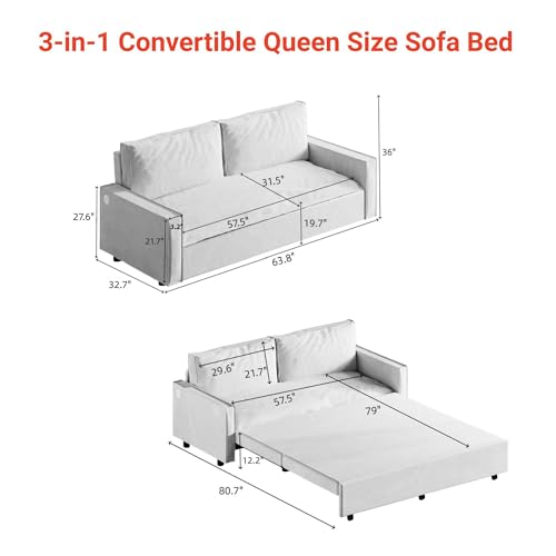 YUNLife&Home Pull Out Sleeper Sofa Bed,Convertible Futon Loveseat Sofá 3-in-1,Chaise Lounge Chair Velvet Upholstery 2-Seat Couch Reversible Folding Guest Daybed,USB Port,Queen Size,600lb Capacity