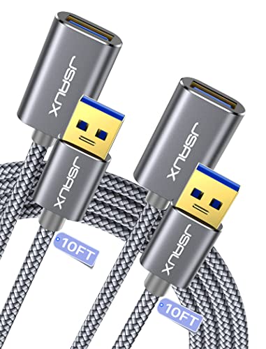 JSAUX 2Pack 10FT+10FT USB 3.0 Extension Cable, Type A Male to Female USB Extender Cord Nylon Braided Compatible with Webcam, Camera, Phone, USB hub, Mouse, Keyboard, Printer, Hard Drive, Xbox-Grey