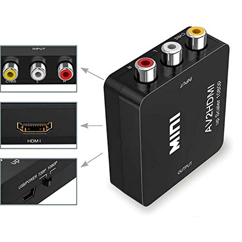 AV to HDMI Converter, RCA to HDMI, BD&M 1080P Mini RCA Composite CVBS Video Audio Converter Adapter Support PAL/NTSC for TV/PC/ PS3/ STB/Xbox VHS/VCR/Blue-Ray DVD Players - Black
