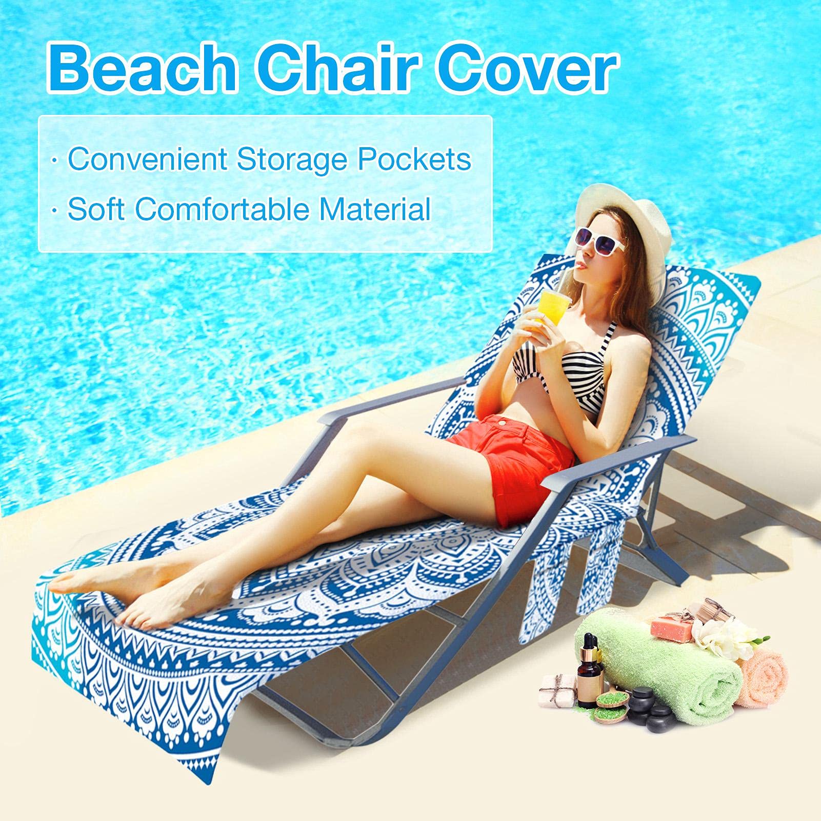 Jienono Beach Chair Cover, Microfiber, Quick-Drying, Side Pockets, Elastic Straps, Multiple Colors Available