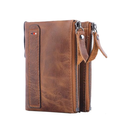 Genuine Leather Elegant Wallet, Unisex,Double exterior zipper coins,internal zip,1 x 4 x 4.7 inches,Slots for identification and several cards,closing and opening button,Elegant black gift box (Brown)