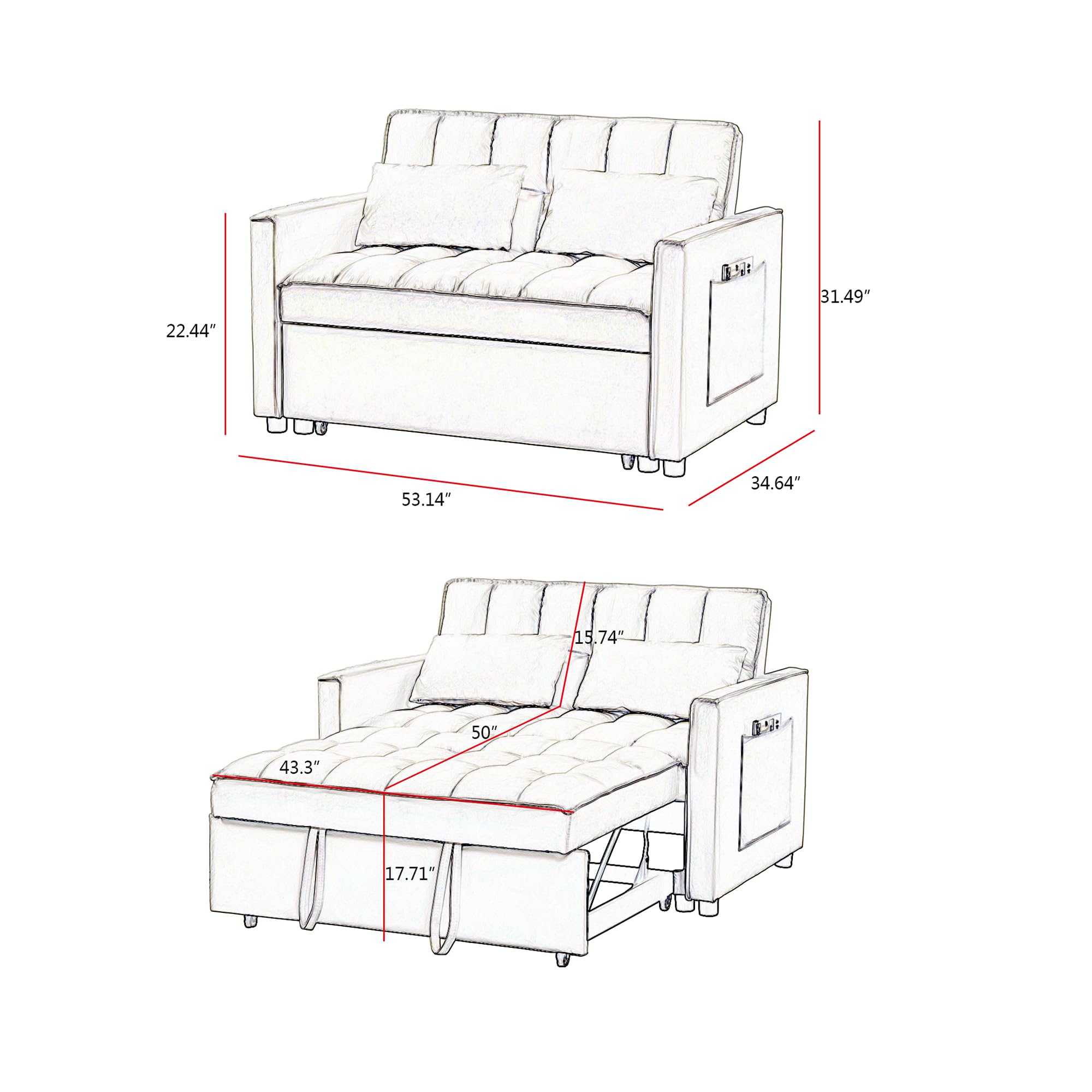 Lepfun 3 in 1 Convertible Sleeper Sofa Couch with Pull Out Bed, Small Futon Loveseat Lounge Chaise with Reclining Backrest and Armrest, Upholstered Love Seats Sofabed, Black Velvet