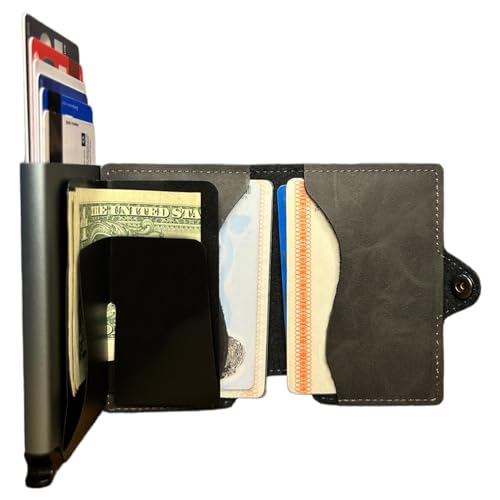 Minimalist Leather Card Holder With RFID Protection Wallet,6 cards in the sliding cover,2 interior slots for 4 cards,cash in its pressure system,0.78 x 2.67 x 3.93,Elegant black gift box (Grey)