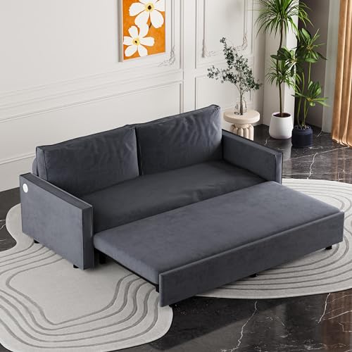 YUNLife&Home Pull Out Sleeper Sofa Bed,Convertible Futon Loveseat Sofá 3-in-1,Chaise Lounge Chair Velvet Upholstery 2-Seat Couch Reversible Folding Guest Daybed,USB Port,Queen Size,600lb Capacity