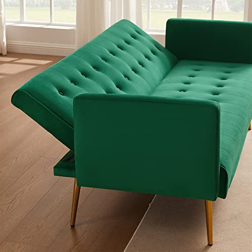 ERYE Futon Sofa Loveseat Convertible Sleeper Couch Bed for Small Space Apartment Office Living Room Furniture Sets Sofabed, Green Velvet 70.07" W NO Pillow