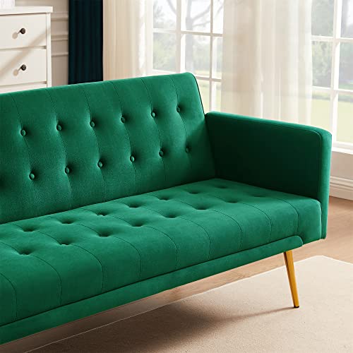 ERYE Futon Sofa Loveseat Convertible Sleeper Couch Bed for Small Space Apartment Office Living Room Furniture Sets Sofabed, Green Velvet 70.07" W NO Pillow