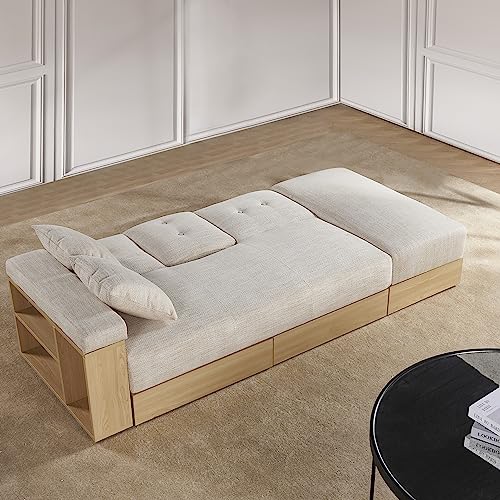 YUNLife&Home Multi-Functional Futon Sofa Loveseat Convertible Sleeper Couch Bed Daybed with 2 Cup Holders, Drawers and Storage Box Can Be Used As Tea Table and Pedal for Living Room Small Space