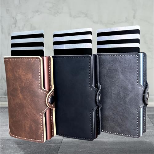 Minimalist Leather Card Holder With RFID Protection Wallet,6 cards in the sliding cover,2 interior slots for 4 cards,cash in its pressure system,0.78 x 2.67 x 3.93,Elegant black gift box (Grey)