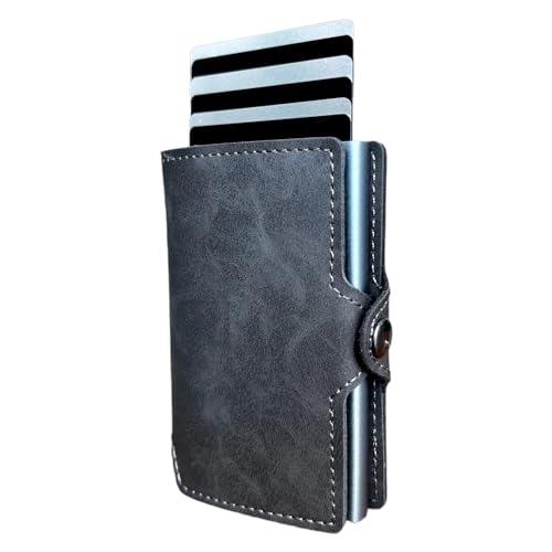 Minimalist Leather Card Holder With RFID Protection Wallet,6 cards in the sliding cover,2 interior slots for 4 cards,cash in its pressure system,0.78 x 2.67 x 3.93,Elegant black gift box (Grey)