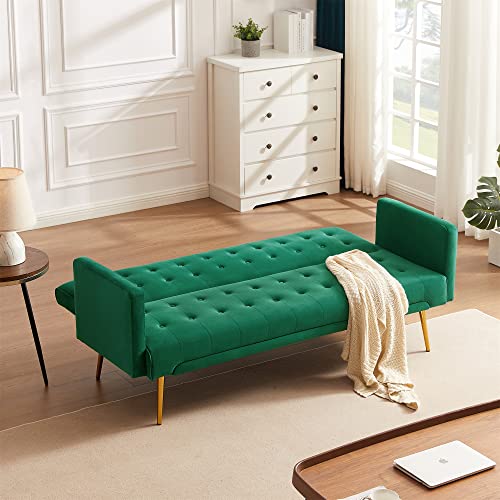 ERYE Futon Sofa Loveseat Convertible Sleeper Couch Bed for Small Space Apartment Office Living Room Furniture Sets Sofabed, Green Velvet 70.07" W NO Pillow