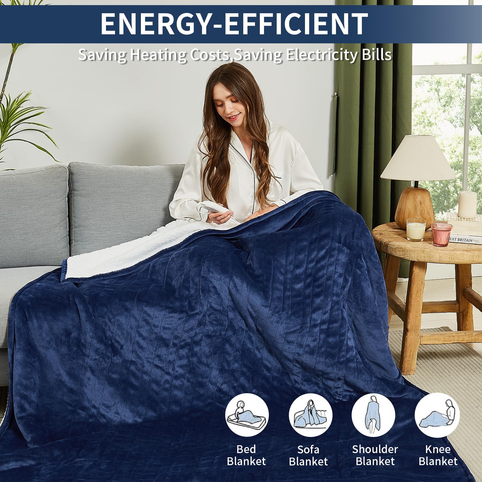 JKMAX 50"x60" Heated Throw Blanket - 10 Heat Settings, 5 Levels, Auto-Off, Overheat Protection, Soft Flannel Sherpa, ETL Certified