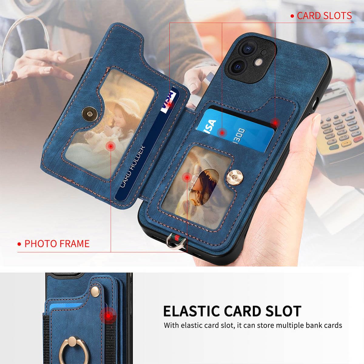 JanCalm for iPhone 12 Cases Wallet Card Holder 2023,Ring Holder Stand,RFID-Blocking,Wrist Strap,Camera Lens Protector,Leather Magnetic Protective Flip Cover for iPhone Case 12 (6.1", Blue)