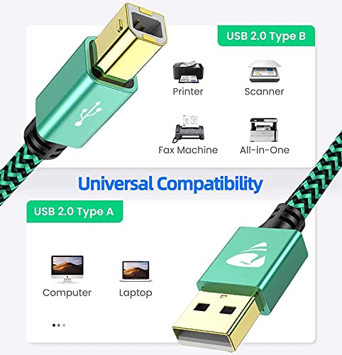 USB Printer Cable USB A to B Cable, 16 FT USB 2.0 B Cable Nylon Braided High-Speed Printer Cord Compatible with Hp, Canon, Brother, Samsung, Dell, Epson, Lexmark, Xerox