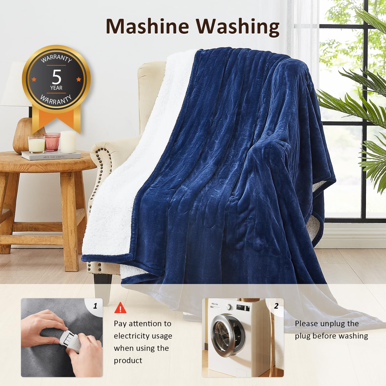 JKMAX 50"x60" Heated Throw Blanket - 10 Heat Settings, 5 Levels, Auto-Off, Overheat Protection, Soft Flannel Sherpa, ETL Certified