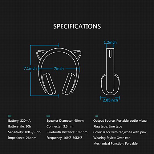 Censi Music Headset Headphone Creative Cat Ear Stereo Over-Ear Game Gaming Bass Headset Noise Canceling Headband Earphone with MIC Rechargeable Port for Bluetooth 4.0 Device (White, Blutooth)