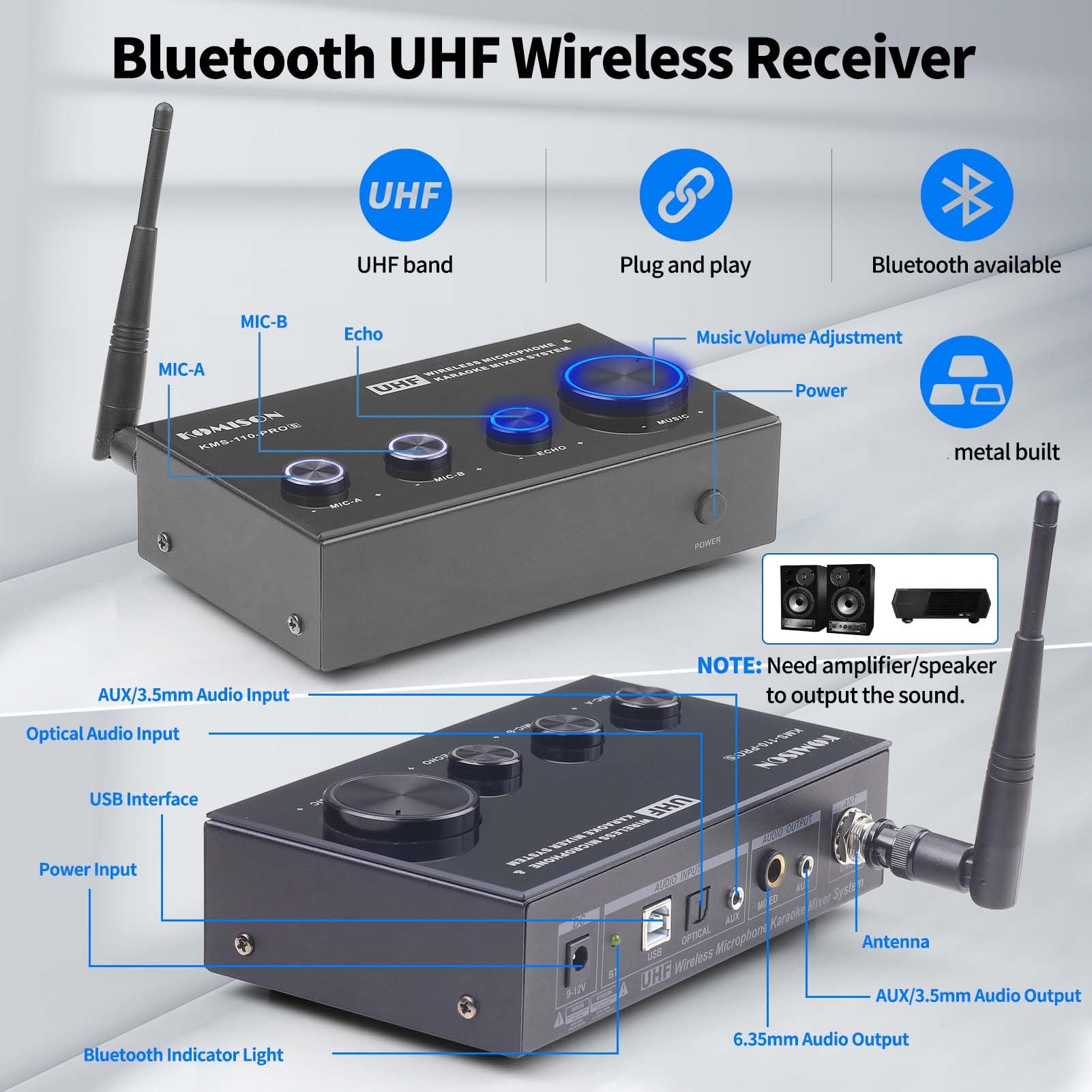 KOMISON Wireless Microphone System Karaoke Mixer, Microphones, Audio Interface, Optical (Toslink), USB,Smart TV, PC, for Karaoke, Wedding, Singing, 280FT