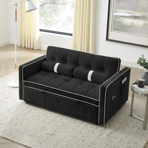 akucvor 55.5" Sleeper Sofa Bed, Convertible 3 in 1 Loveseats Sofa Bed with Side Pockets, Multi-Function Velvet Pull Out Sofa Bed with Adjustable Backrest for Living Room Bedroom, Black