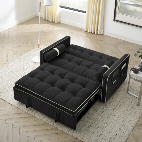 akucvor 55.5" Sleeper Sofa Bed, Convertible 3 in 1 Loveseats Sofa Bed with Side Pockets, Multi-Function Velvet Pull Out Sofa Bed with Adjustable Backrest for Living Room Bedroom, Black
