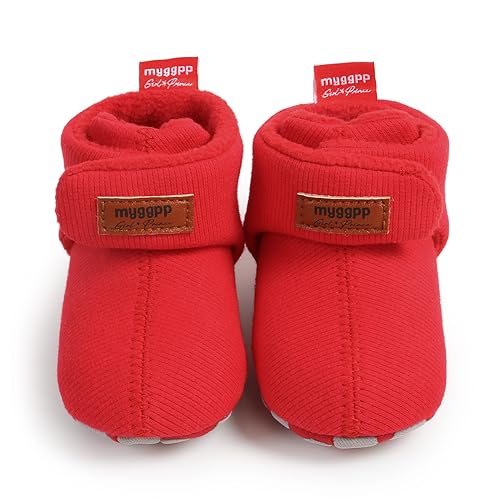 Timatego Newborn Baby Boys Girls Cozy Fleece Booties with Grippers Stay On Slipper Socks Infant Toddler Crib Winter Shoes for Boys Girls(0-6 months infant 32 Red)