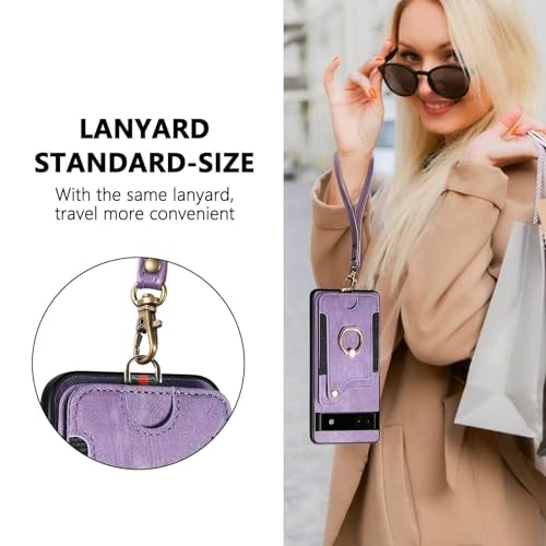 JanCalm for Google Pixel 6a Case Card Holder Wallet, Ring Stand, RFID Blocking, Wrist Strap, Camera Protector, Leather Magnetic Clasp Protective Cover for Google Pixel 6a (Purple)