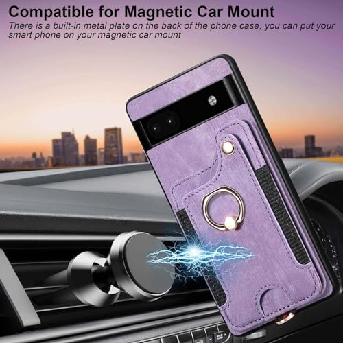 JanCalm for Google Pixel 6a Case Card Holder Wallet, Ring Stand, RFID Blocking, Wrist Strap, Camera Protector, Leather Magnetic Clasp Protective Cover for Google Pixel 6a (Purple)