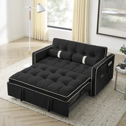 akucvor 55.5" Sleeper Sofa Bed, Convertible 3 in 1 Loveseats Sofa Bed with Side Pockets, Multi-Function Velvet Pull Out Sofa Bed with Adjustable Backrest for Living Room Bedroom, Black