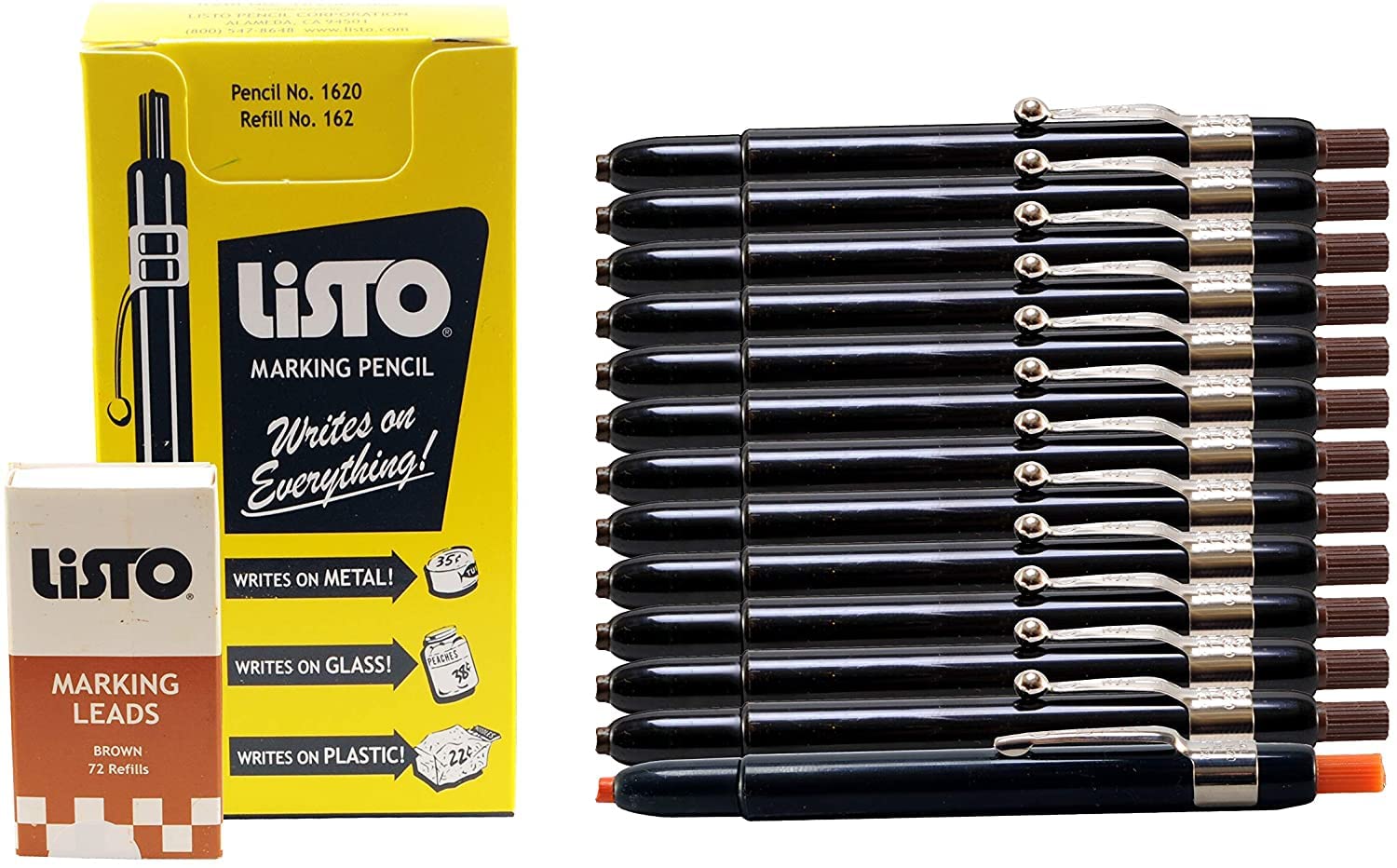 Listo 1620 and 162 Marking Pencils Kit, Color: Brown, 12 Pencils, 72 Refill Leads - Grease Pencils/China Marking Pencils/Wax Pencils. 1 x Orange Pencil Included. (12-Pencils, 72-Refills, Brown)