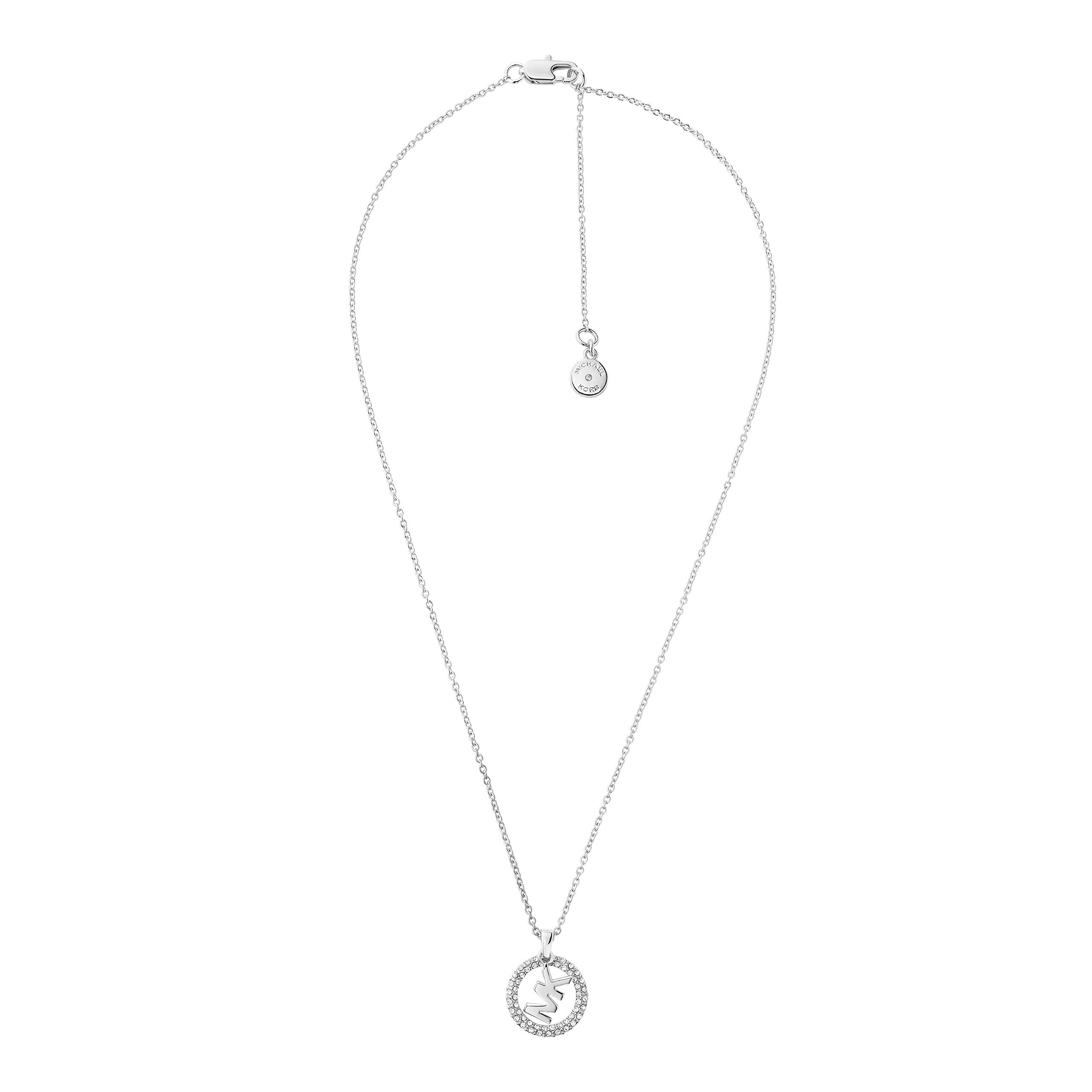 Michael Kors Brass and Pavé Crystal MK Logo Pendant Necklace for Women, Color: Silver (Model: MKJ7326040)
