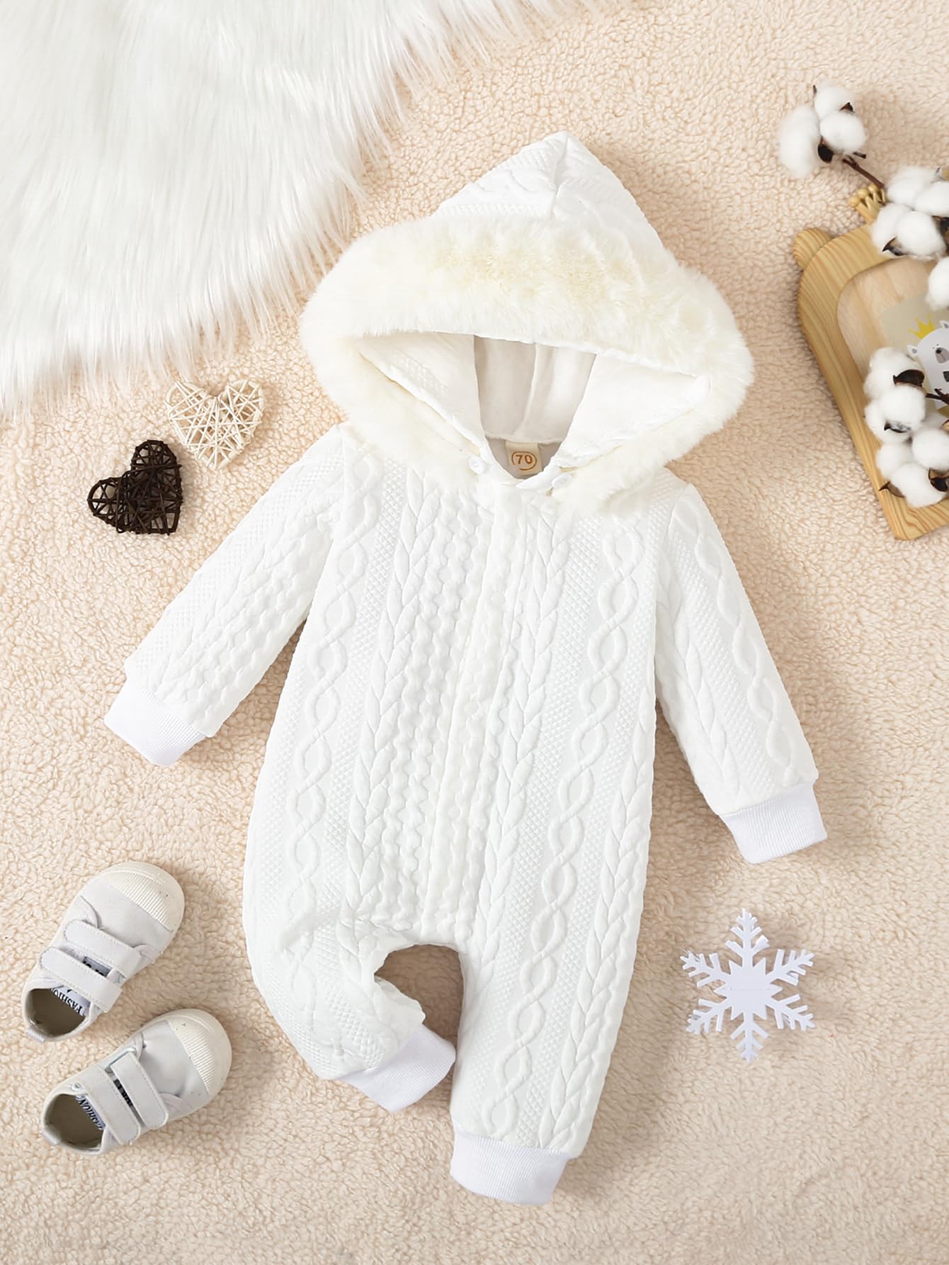 MIEKISA Baby Boys and Girls Winter Long Sleeve White Hooded Romper Infant Outfit (White, 3-6M)