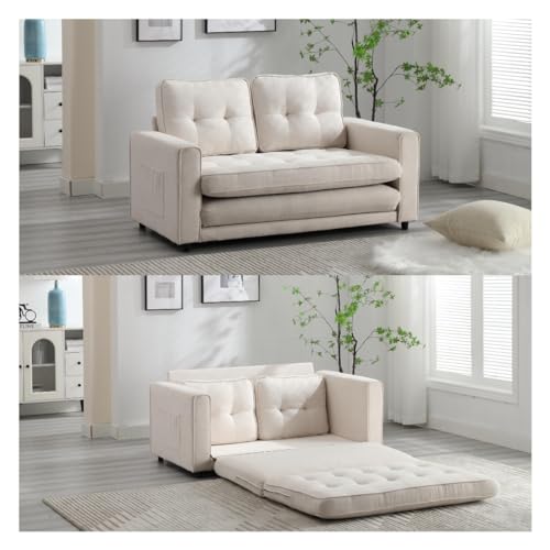 LETSHOME Sofa, Convertible Futon Sleeper sofabed,Space Saving loveseat,Pull Out Couch Bed for Living Room,Velvet Linen Fabric, Beige