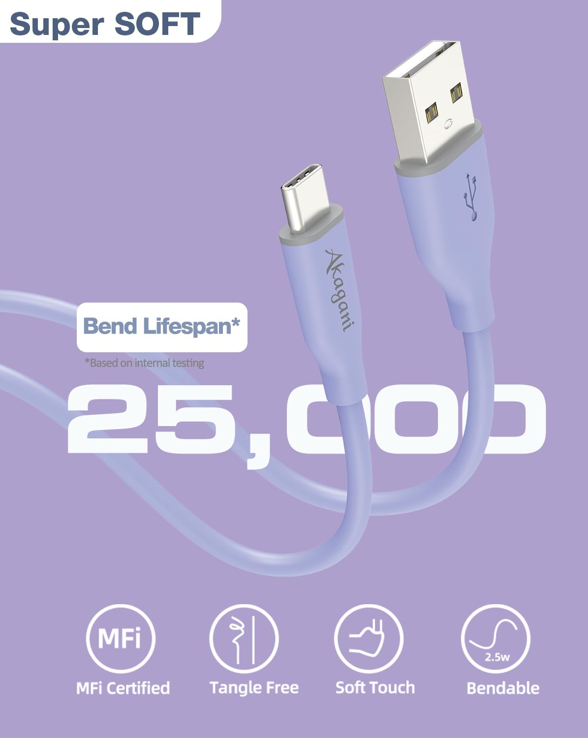 USB C Cable Super Flex Pastel Silicone USB A to Type C Charger Cable for Android Phone, for Samsung Galaxy Note 20 10 9 S20 S10 S9 S8, LG V50 V20 G5 4.26FT USB 2.0 Violet