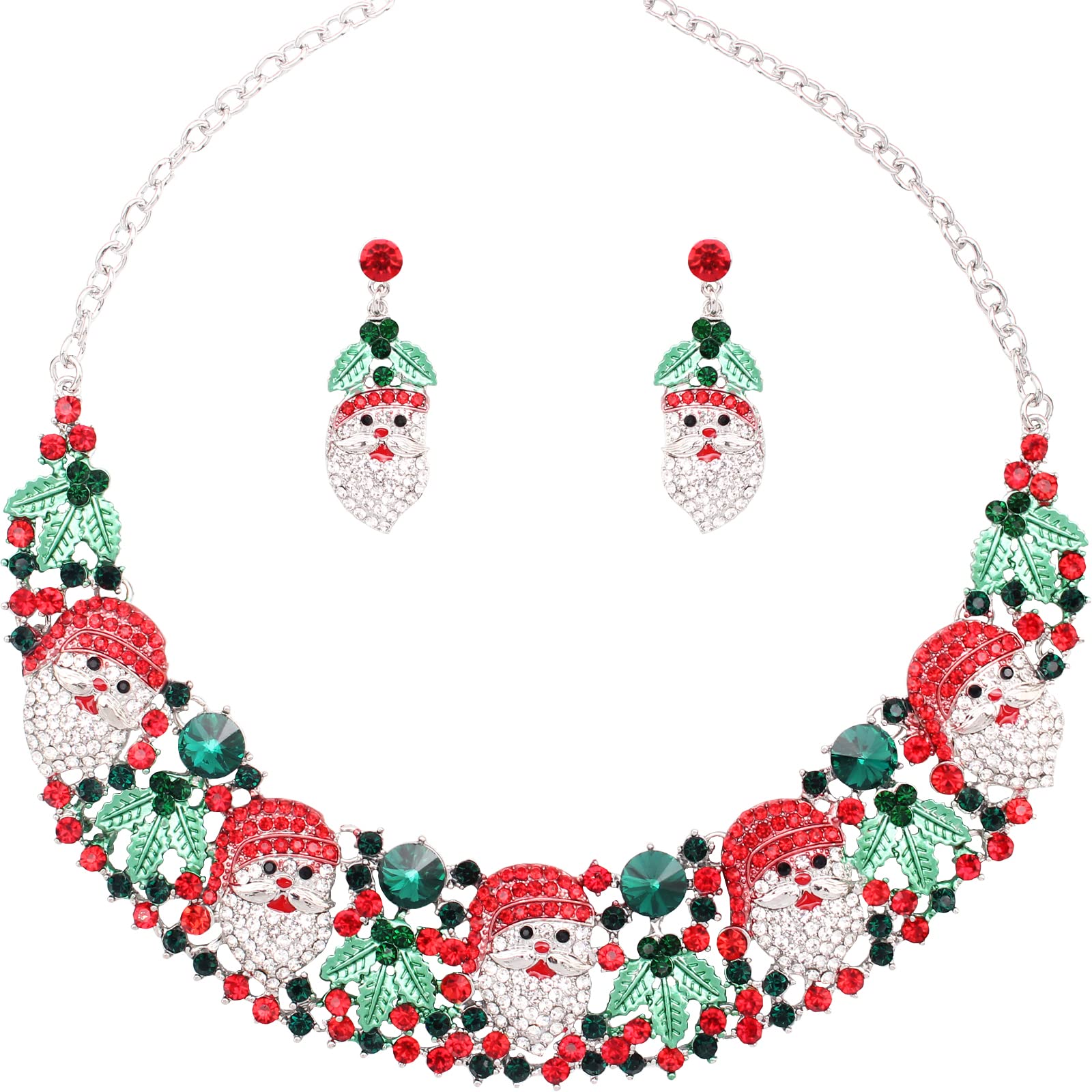 SFE luxury Bib Santa Claus Christmas necklace Christmas Tree Earring Costume Jewelry Set Gifts for Women(Style2-Platinum Plated)
