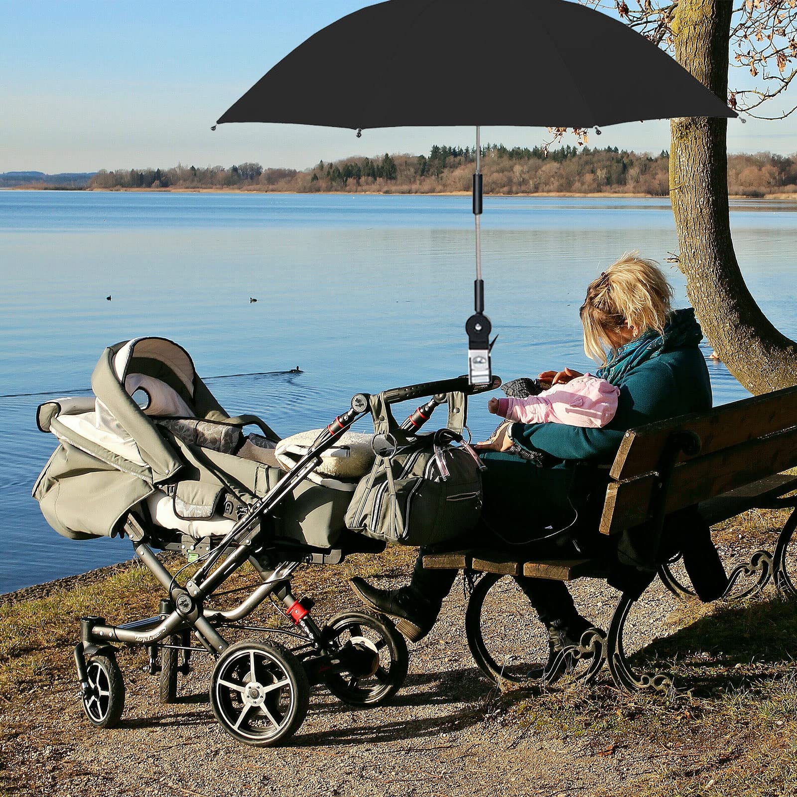 RENXR Chair Umbrella with Clamp, Universal Adjustable Beach Chair Umbrella UV Protection Sunshade Umbrella for Strollers Wheelchairs Patio Chairs Black 21.7 inch