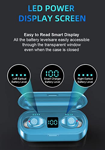 eDealz Fully Wireless Bluetooth 5.0 Rechargeable IPX7 Waterproof Earbud Headphones w Microphone, 2000mAh USB Smart Dual Charging Case/Stand Surround Stereo Bass and Passive Noise Cancelling (Blue)