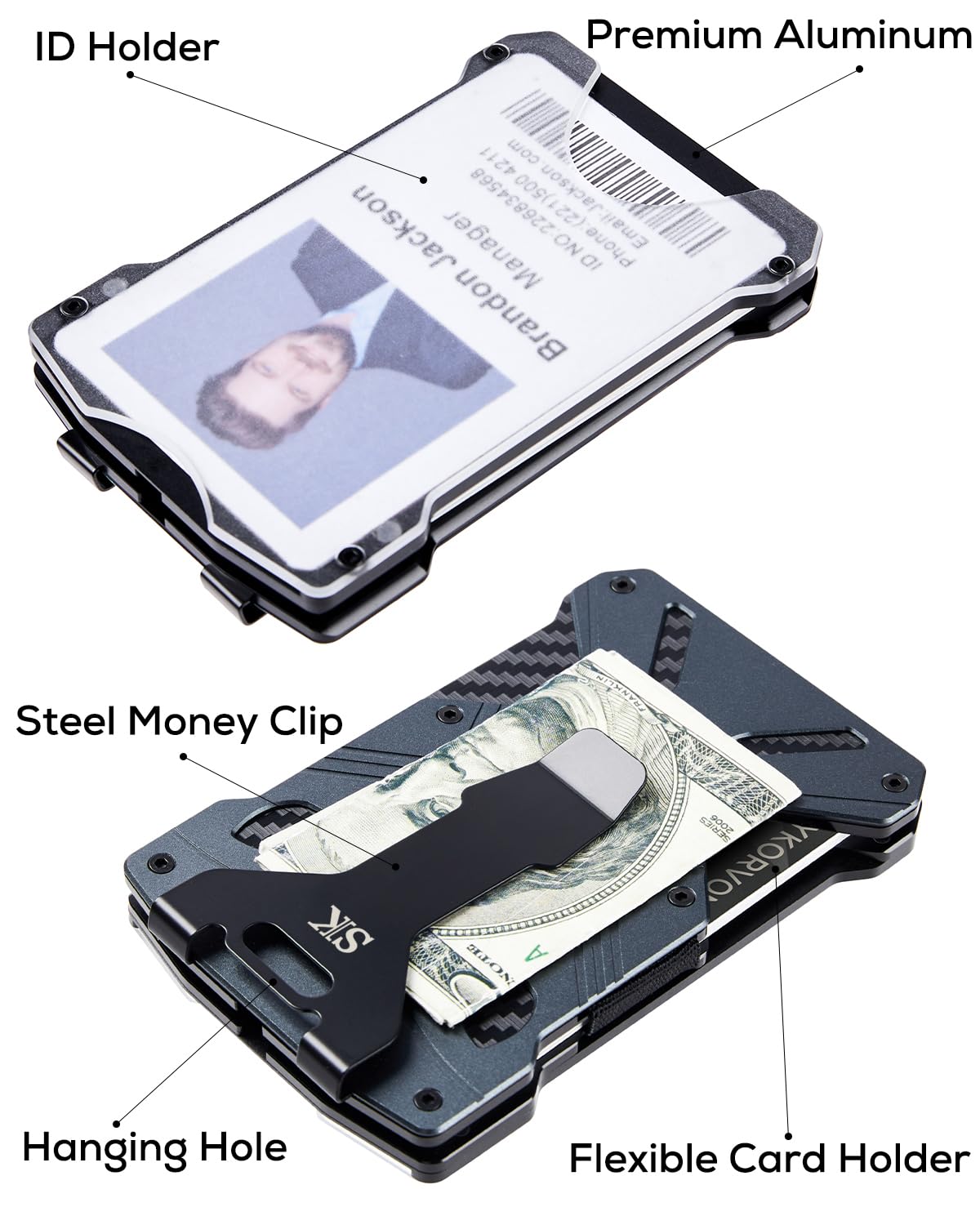 Sykorvon Minimalist Wallet for Men Slim Metal Wallet with Money Clip, RFID Blocking Tactical Carbon Fiber Wallet Card Holder with ID Window