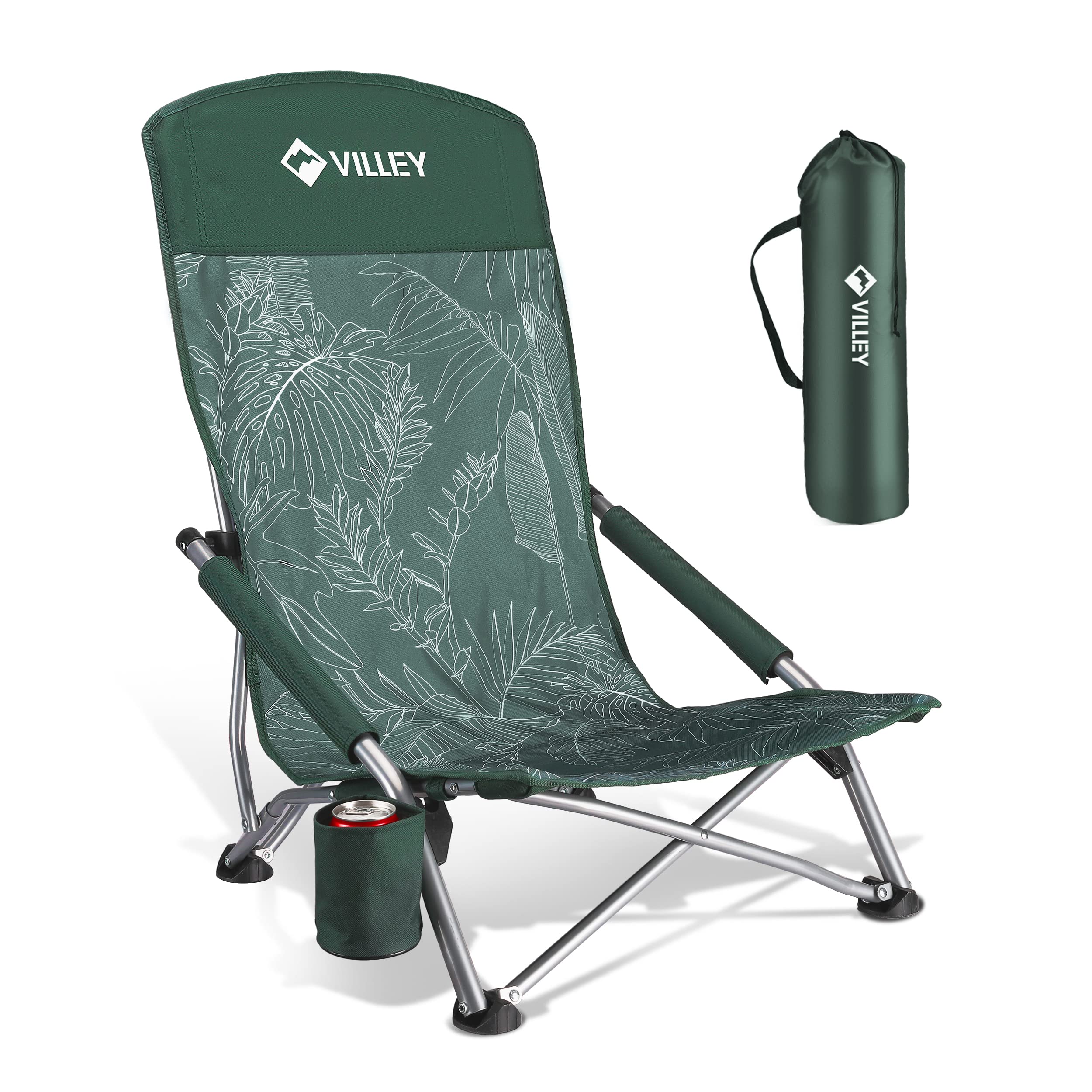 VILLEY Low Beach Chair, High Back Folding Beach Chair for Adults, Lightweight and Portable for Outdoor, Beach, Camping, Lawn, Music Festival, with Cup Holder and Carry Bag-Vintage Green Leaves