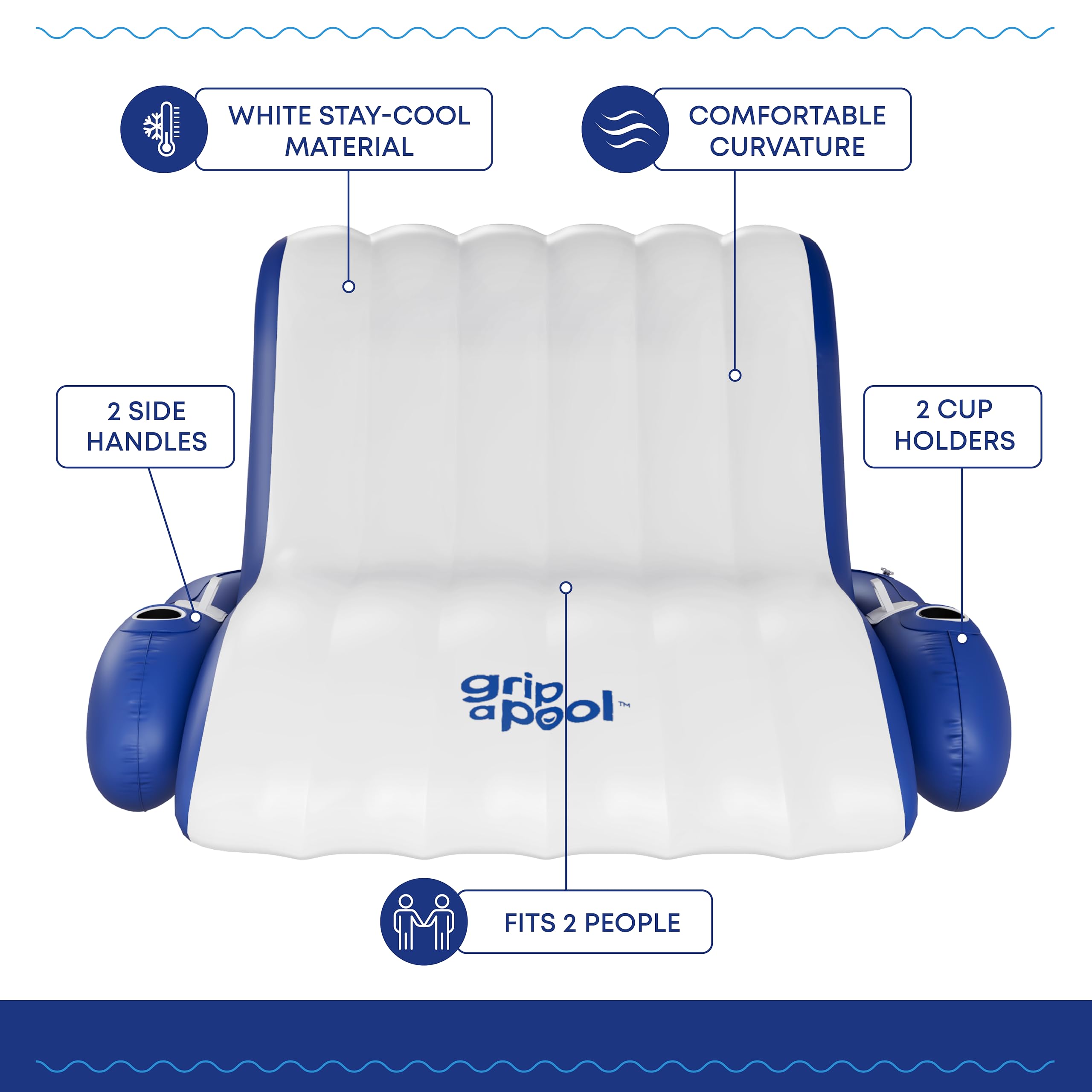 Grip A Pool Inflatable Luxury Chair Recliner Float for 1-2 Adults, Extra Large Heavy Duty Pool Lounge Raft for Floating, Lake, River, Beach