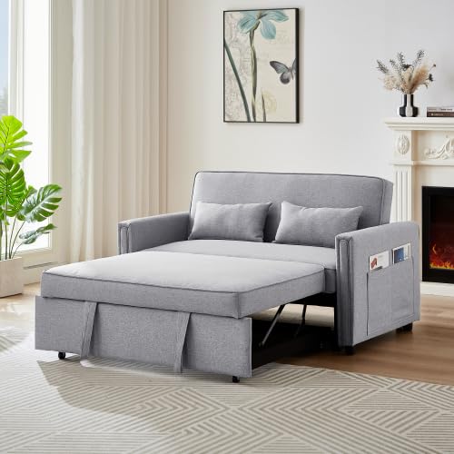 akucvor 54" Sleeper Sofa Bed, Convertible 3 in 1 Loveseats Sofa Bed with Lumbar Pillows, Multi-Function Linen Pull Out Sofa Bed with Adjustable Backrest for Living Room Bedroom, Gray
