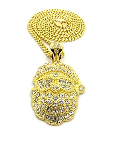 Fashion 21 Iced Out Santa Face Inspired Pendant 24" Various Chain Necklace in Gold Color Plated (4mm 24" Cuban Chain)