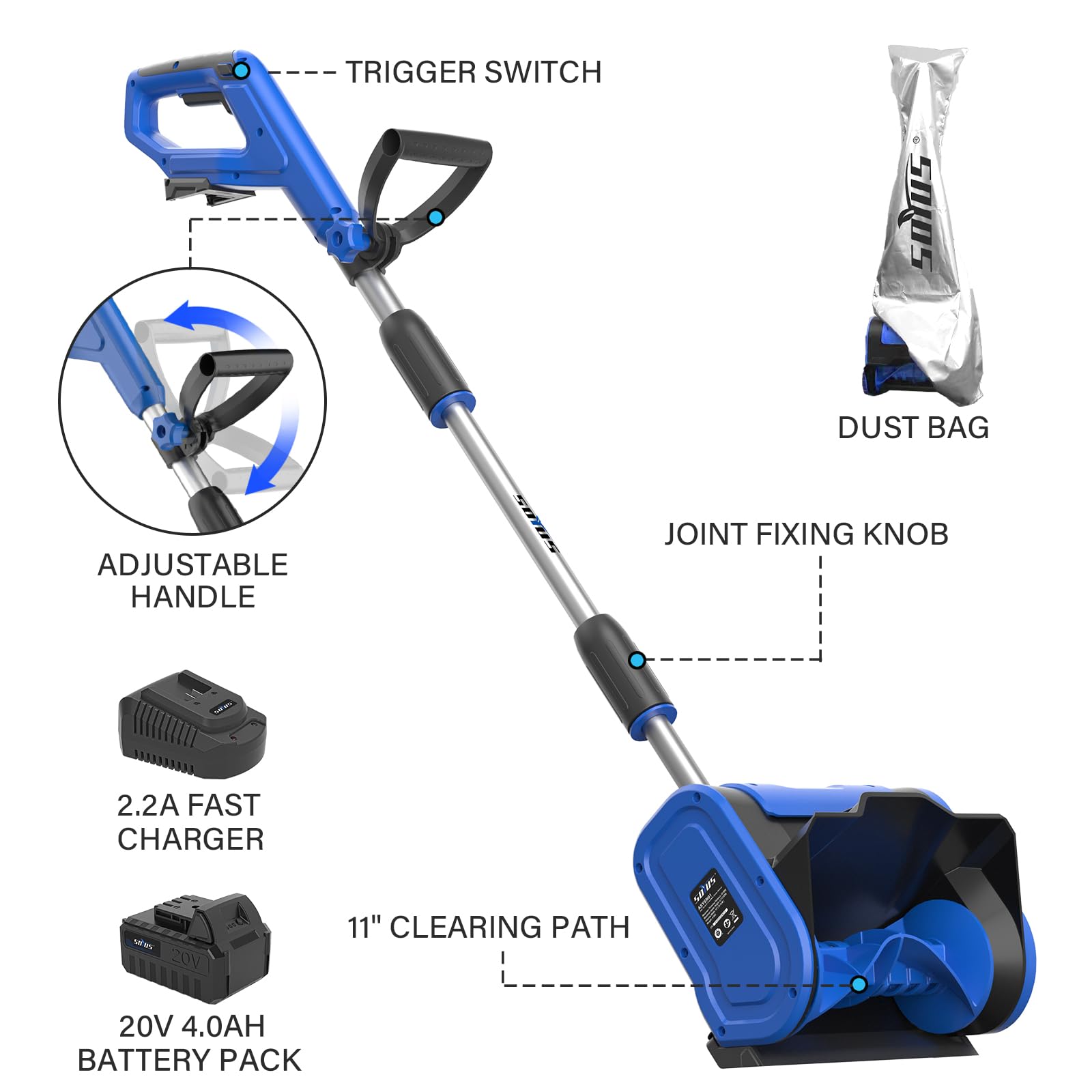 SOYUS Cordless Snow Shovel, 20V 11-Inch Snow Blower Cordless, Electric Snow Shovel with Adjustable Front Handle, Dust Bag, 4.0Ah Battery & Quick Charger Included