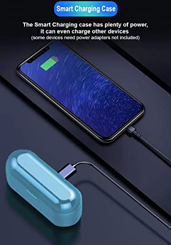 eDealz Fully Wireless Bluetooth 5.0 Rechargeable IPX7 Waterproof Earbud Headphones w Microphone, 2000mAh USB Smart Dual Charging Case/Stand Surround Stereo Bass and Passive Noise Cancelling (Blue)