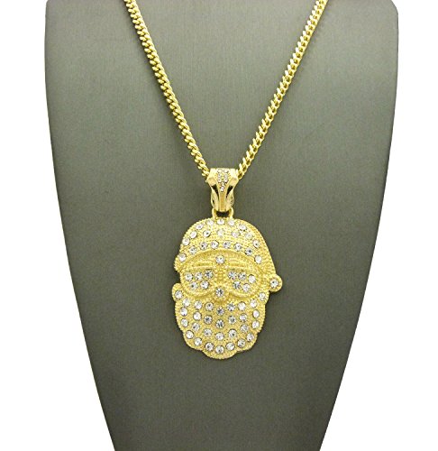 Fashion 21 Iced Out Santa Face Inspired Pendant 24" Various Chain Necklace in Gold Color Plated (4mm 24" Cuban Chain)